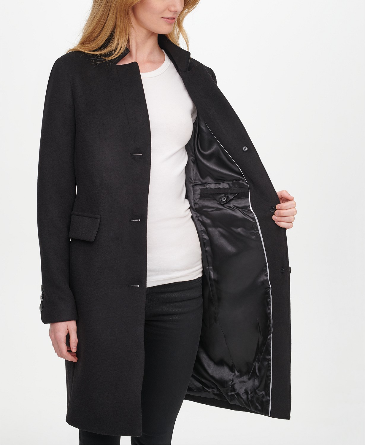 DKNY Women's Black Wool Blend Single Breasted Walker Coat