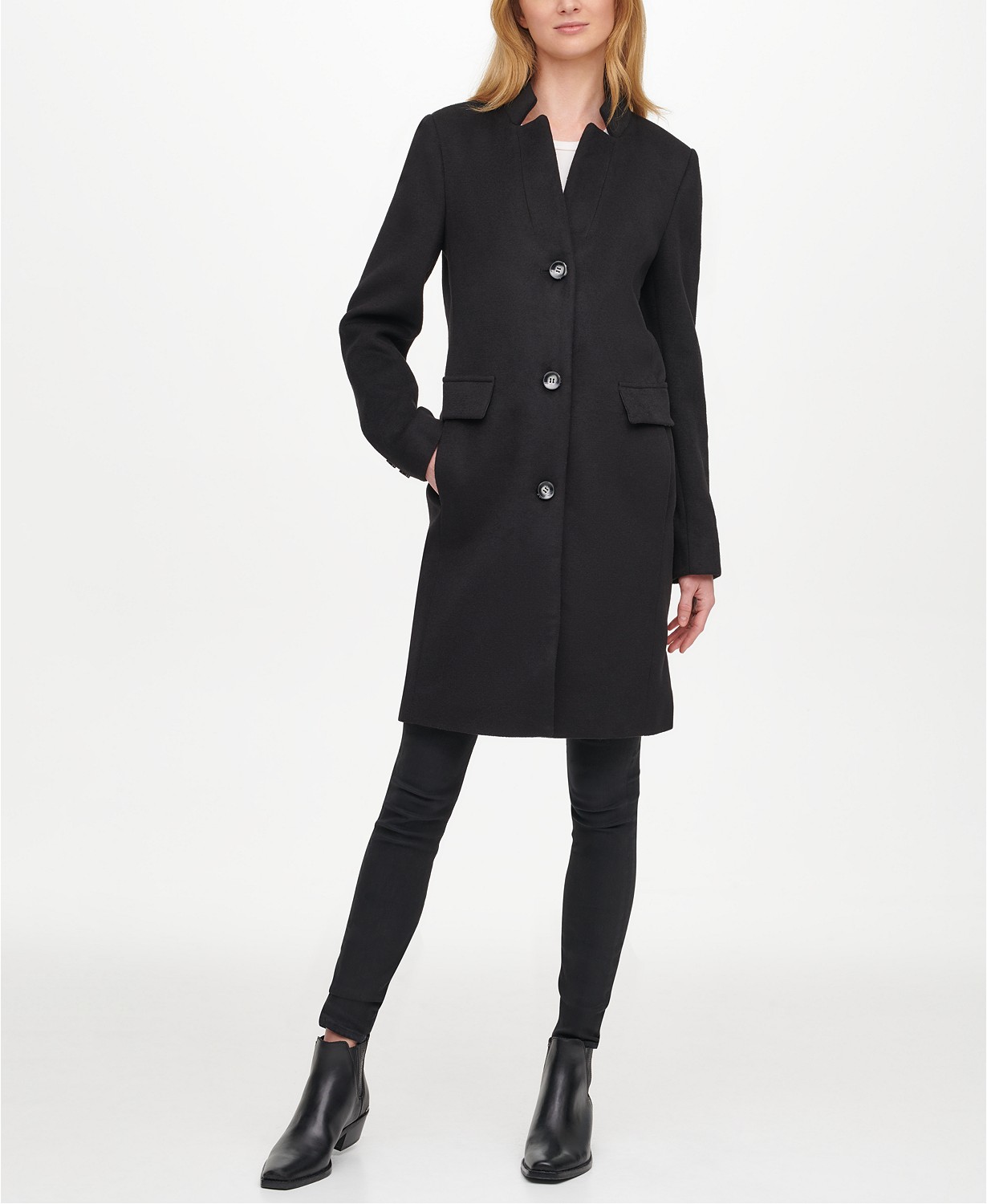 DKNY Women's Black Wool Blend Single Breasted Walker Coat